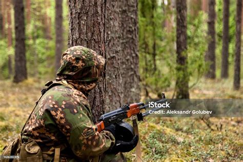 우크라이나 군인 남자는 자연 배경 후면보기에서 숲에서 무기로 군용 위장 유니폼을 입었습니다 전쟁에 자동 총을 가진 국가 국경에있는 남성 국경 경비대 텍스트 공간 복사
