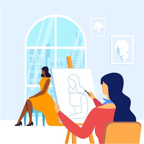 젊은 화가 드로잉 모델 벡터 일러스트 레이 션 프리미엄 벡터