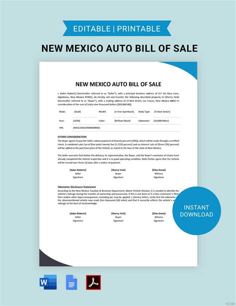New Mexico Bill Of Sale Printable