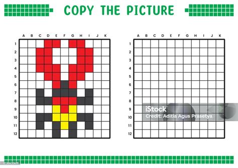 그림을 복사하고 그리드 이미지를 완성합니다 사각형으로 그리는 교육용 워크시트 셀 영역 색칠 어린이의 유치원 활동 만화 벡터 픽셀 아트 붉은 발톱 딱정벌레 그림입니다 개발에