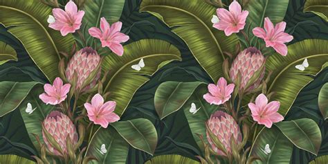 이국적인 열대 패티렌 열대 꽃과 잎 배경 프로테아 백합 나비 야자수 잎 손 그림 3d 그림 어두운 열대 잎 벽지 트로피컬 패턴에 대한 스톡 벡터 아트 및 기타 이미지