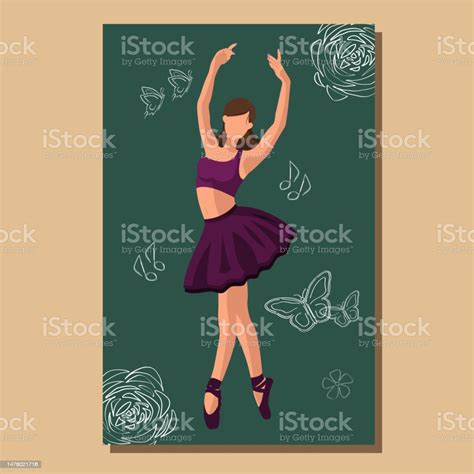 보라색 투투와 뾰족한 신발을 신은 백인 백인 얼굴 없는 발레 댄서가 꽃과 나비가 있는 녹색 포스터에서 춤을 추고 있습니다 플랫