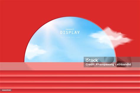 사실적인 빨간 받침대 연단 계단 사다리와 구름 푸른 하늘 반원 문 모양의 태양이 있는 추상적인 3d 배경 3d 벡터 기하학적