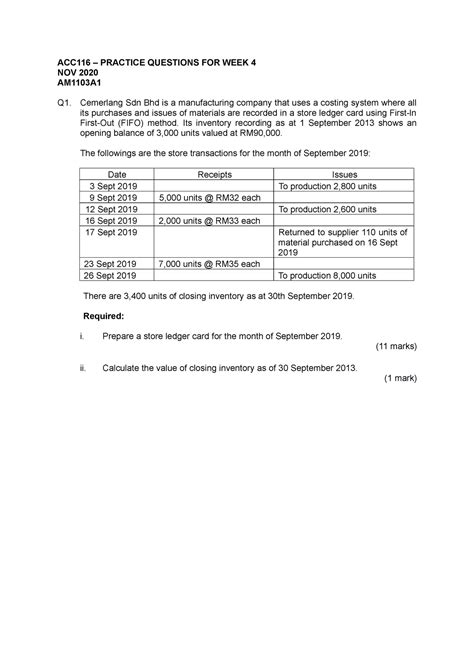 Am1103a1 Practice Questions Fifo Acc116 Practice Questions For Week 4 Nov 2020 Am1103a Q1