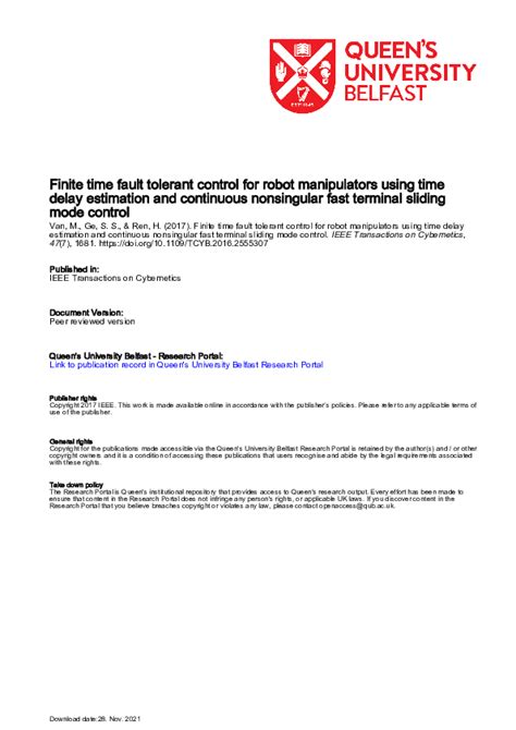 Pdf Finite Time Fault Tolerant Control For Robot Manipulators Using