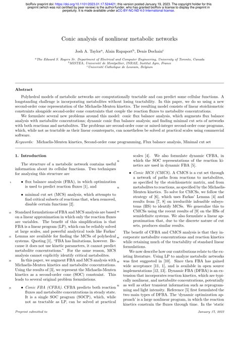 Pdf Conic Analysis Of Nonlinear Metabolic Networks