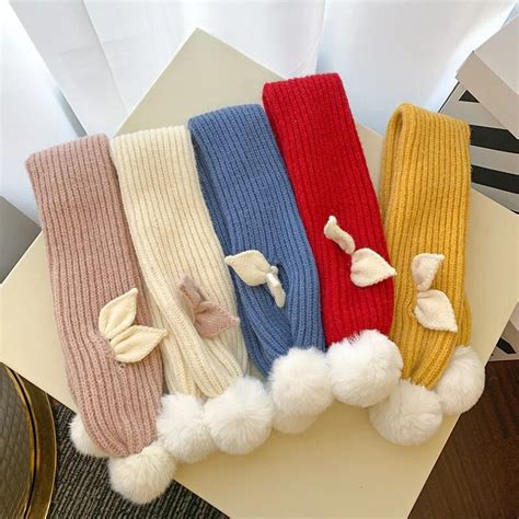 Badu Bg Коледни шалове със заешки уши за деца Топка от изкуствена кожа Зимна топла врата Сладки