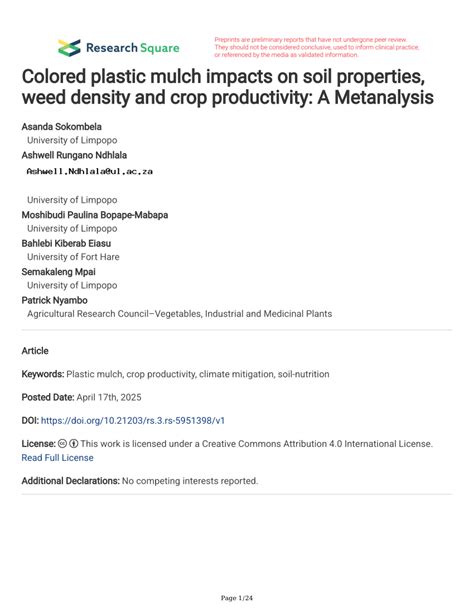 (PDF) Colored plastic mulch impacts on soil properties, weed density and crop productivity: A ...