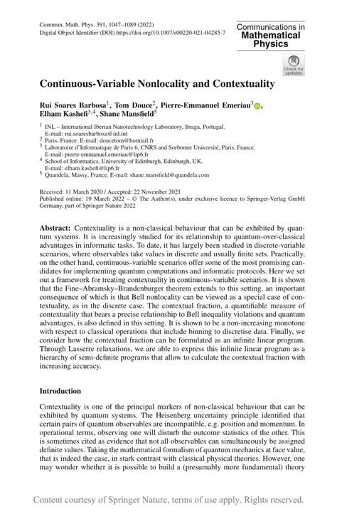 Continuous Variable Nonlocality And Contextuality Request Pdf