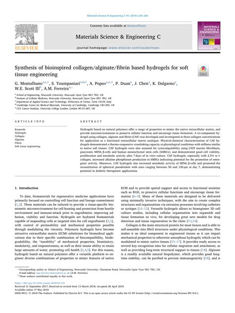 Pdf Synthesis Of Bioinspired Collagenalginatefibrin Based Hydrogels For Soft Tissue Engineering