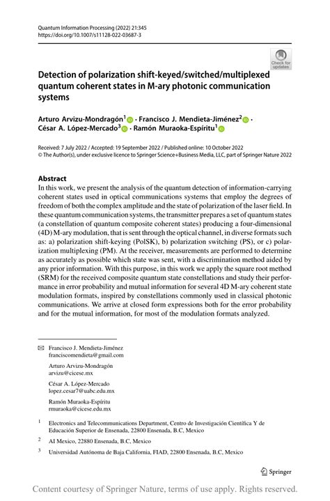 Detection Of Polarization Shift Keyedswitchedmultiplexed Quantum