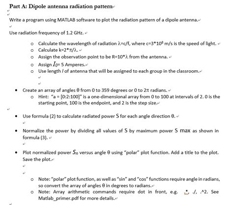 Solved Part A Dipole Antenna Radiation Pattern Write A Program Using Matlab Software To Plot