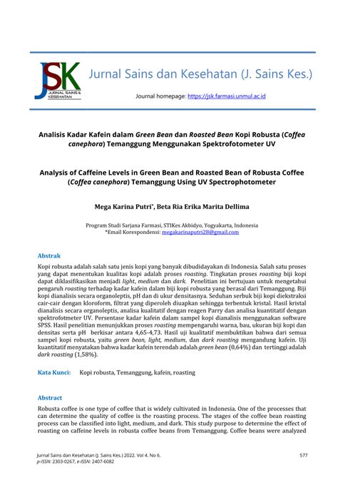 PDF Analisis Kadar Kafein Dalam Green Bean Dan Roasted Bean Kopi