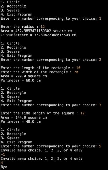 SOLVED A Menu Driven Program Is Needed To Enable The User To Calculate The Area And Perimeter