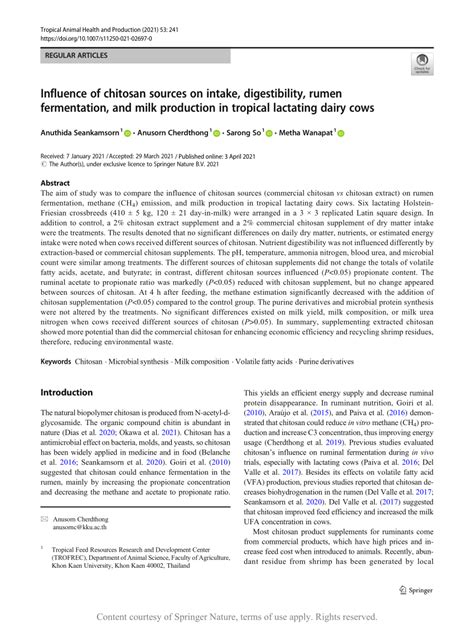 Influence Of Chitosan Sources On Intake Digestibility Rumen Fermentation And Milk Production