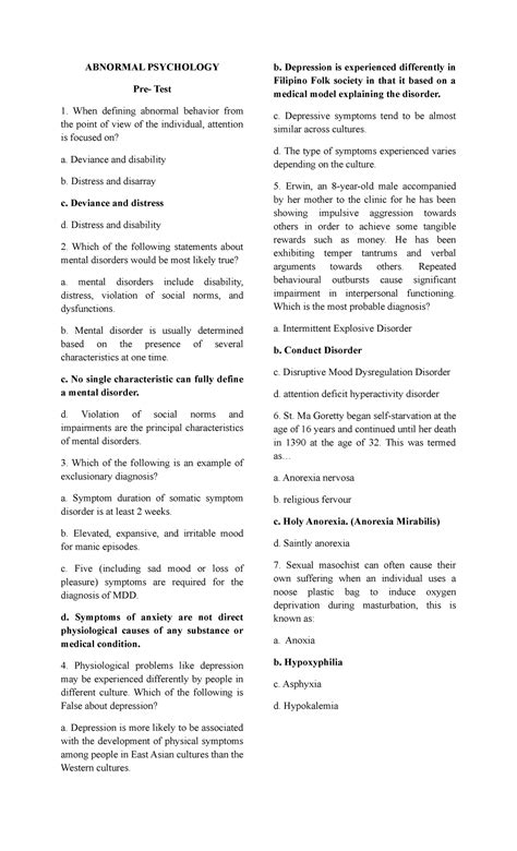 Abnormal Psychology Pre Test Abnormal Psychology Pre Test When Defining Abnormal Behavior Abnormal Psychology Pre Test Abnormal Psychology Pre Test When Defining Abnormal Behavior