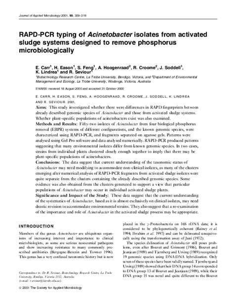 Pdf Rapd Pcr Typing Of Acinetobacter Isolates From Activated Sludge Systems Designed To Remove
