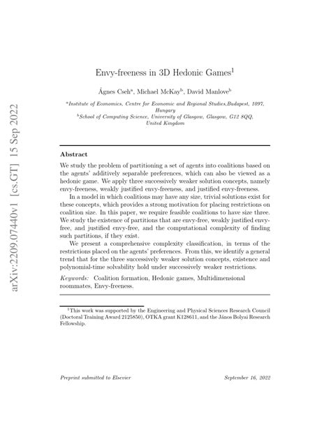 Pdf Envy Freeness In 3d Hedonic Games