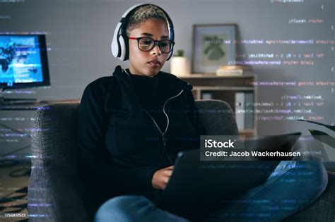 Woman Code Overlay And Laptop Typing With Cybersecurity Hacker And Software Data Analysis ...