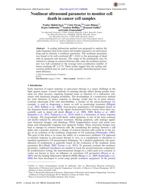 Pdf Nonlinear Ultrasound Parameter To Monitor Cell Death In Cancer Cell Samples