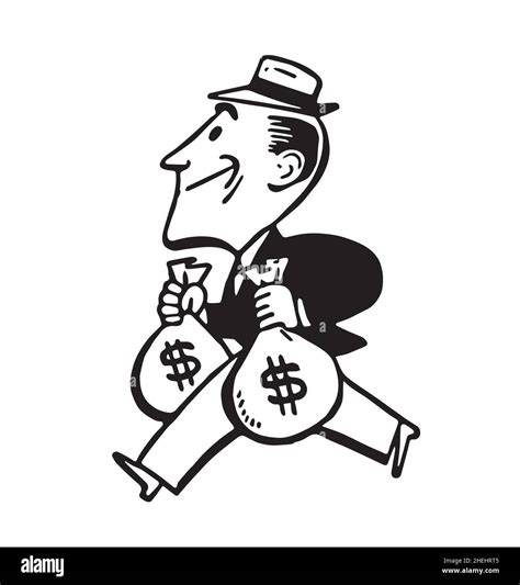 Vintage Retro Cartoon Rich Banker Man Character Carrying Bags Of Cash