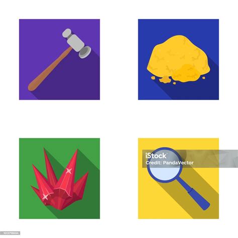 보석의 망치 돋보기 구리 광 석 크리스탈 귀중 한 광물과 보석 플랫 스타일 벡터 기호 재고 일러스트 레이 션 웹에서 컬렉션 아이콘을 설정합니다 결정체에 대한 스톡 벡터 아트