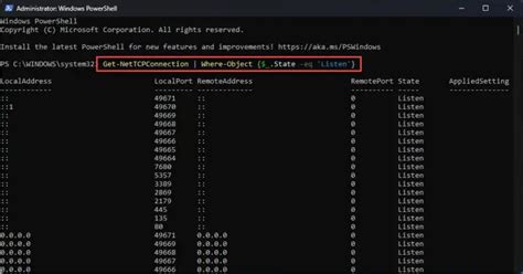 check for listening open ports with netstat and powershell