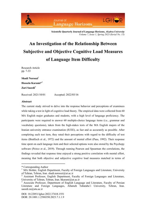 Pdf An Investigation Of The Relationship Between Subjective And Objective Cognitive Load