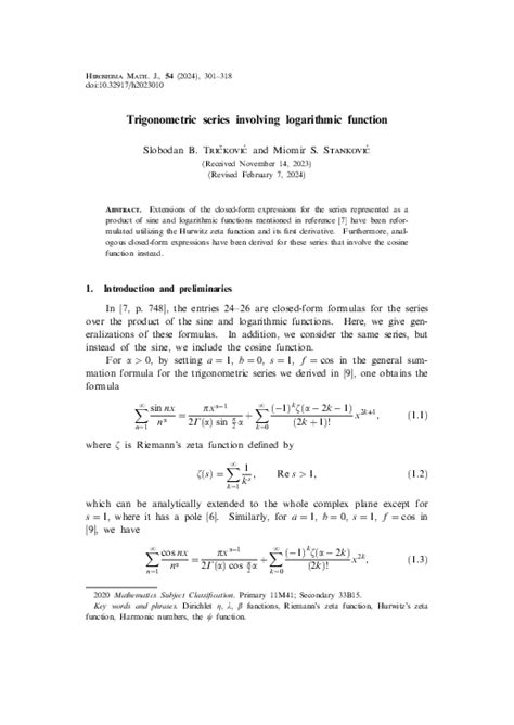 Pdf Trigonometric Series Involving Logarithmic Function
