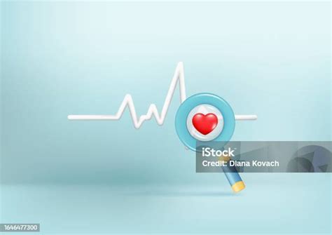 흰색 펄스 라인 심장 박동 돋보기가 있는 사실적인 3d 빨간 심장 3d 심전도 심장 징후 진단 건강 맥박 측정 의료 의료 파란색 배경에 벡터 그림 돋보기 광학 기기에 대한