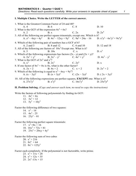 Mathematics 8 Quiz Factoring Polynomials And Gcf