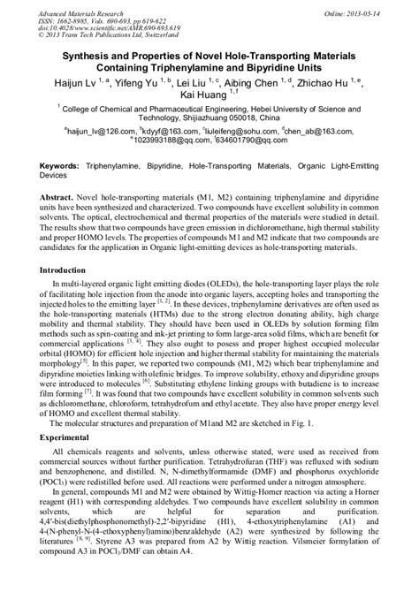 Synthesis And Properties Of Novel Hole Transporting Materials Containing Triphenylamine And