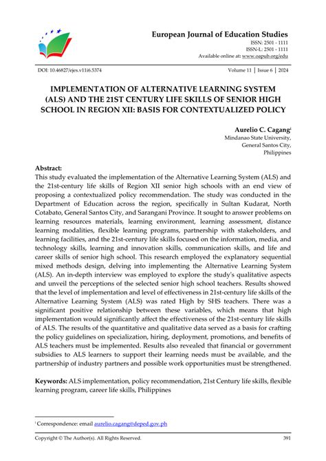 Pdf Implementation Of Alternative Learning System Als And The 21st Century Life Skills Of