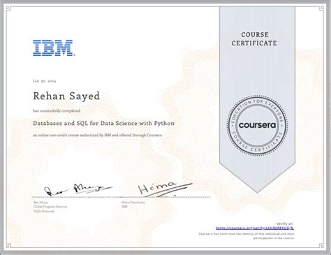 Earned Databases And Sql With Coursera Rehan Sayed Posted On The