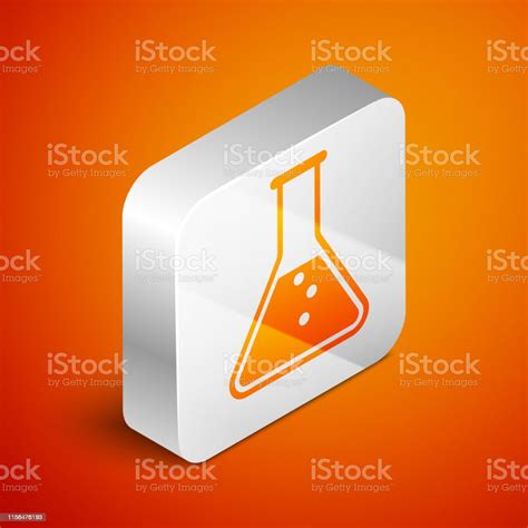 등각 측정 테스트 튜브 및 플라스크 오렌지 배경에 격리 된 화학 실험실 테스트 아이콘 실버 스퀘어 버튼 벡터 일러스트레이션 개발에 대한 스톡 벡터 아트 및 기타 이미지