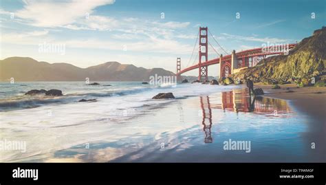 Classic Panoramic View Of Famous Golden Gate Bridge Seen From Scenic