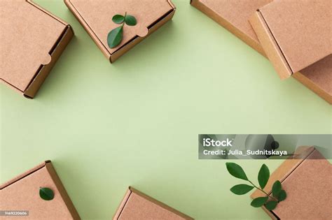녹색 잎 새싹이 공예 종이 평면도에서 골판지 상자에서 자라는 에코 개념 플라스틱 프리 폐기물 제로 및 지속 가능한 라이프 스타일