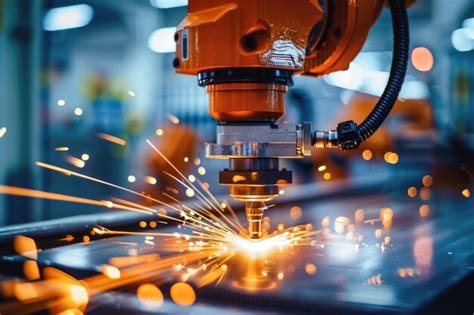 Robotic Arm Doing Laser Cutting Process Robotic Technology In Manufacturing Industry Premium