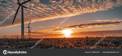 Three Commercial Wind Turbines Thick Fog Sunrise English Countryside