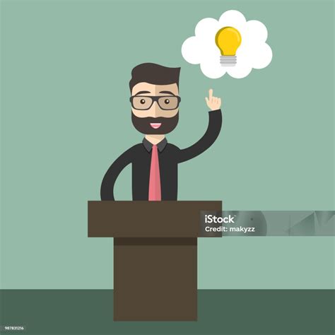 사업 아이디어 개념입니다 큰 사업 아이디어의 상징으로 전구 옆에 서 있는 남자 리더십 개념입니다 평면 벡터 일러스트 레이 션 개념에 대한 스톡 벡터 아트 및 기타 이미지