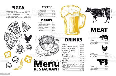 레스토랑 스케치 일러스트레이션을 위한 메뉴 템플릿 디자인입니다 벡터 고기에 대한 스톡 벡터 아트 및 기타 이미지 고기 굽기 낙서 드로잉 Istock