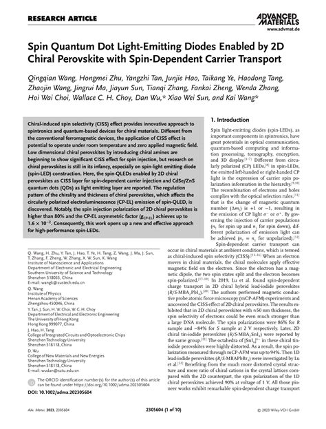 Spin Quantum Dot Light‐emitting Diodes Enabled By Two‐dimensional Chiral Perovskite With Spin