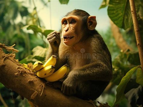Monkey Eat Food On Tree In Thailand Made With Generative AI Illustration Stock Illustration