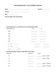 Determining PKa Indicator Report Determining The PKa Of An Acid Base Indicator Name Section