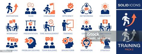 트레이닝 아이콘 세트 워크샵 팀워크 프레젠테이션 팀 세미나 등의 모음 벡터 일러스트 레이 션입니다 어떤 색상으로도 쉽게 변경할