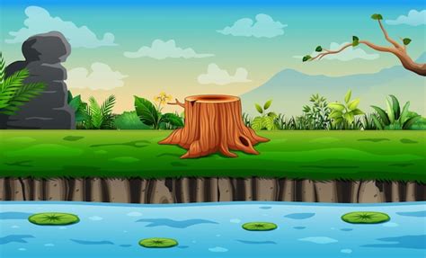 Premium Vector Tree Stump By A Pond In Nature Illustration