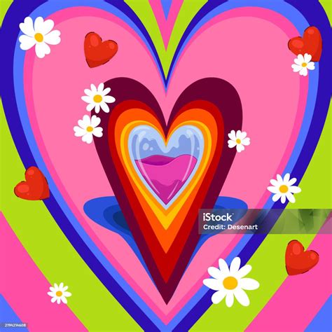 꽃과 사랑의 묘약이 있는 동심원 하트 모양 발렌타인 데이 카드 그루비 스타일의 복고풍 심장 터널을 좋아합니다 트렌디한 가리 추상 사랑 디자인 화려한 로맨틱한 배경 0명에