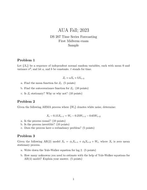 TSF Midterm 1 Sample - AUA Fall; 2023 DS 207 Time Series Forecasting First Midterm exam Sample ...