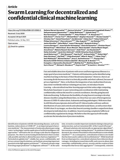 pdf swarm learning for decentralized and confidential clinical
