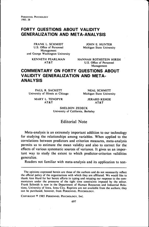 Pdf Commentary On Forty Questions About Validity Generalization And Meta Analysis